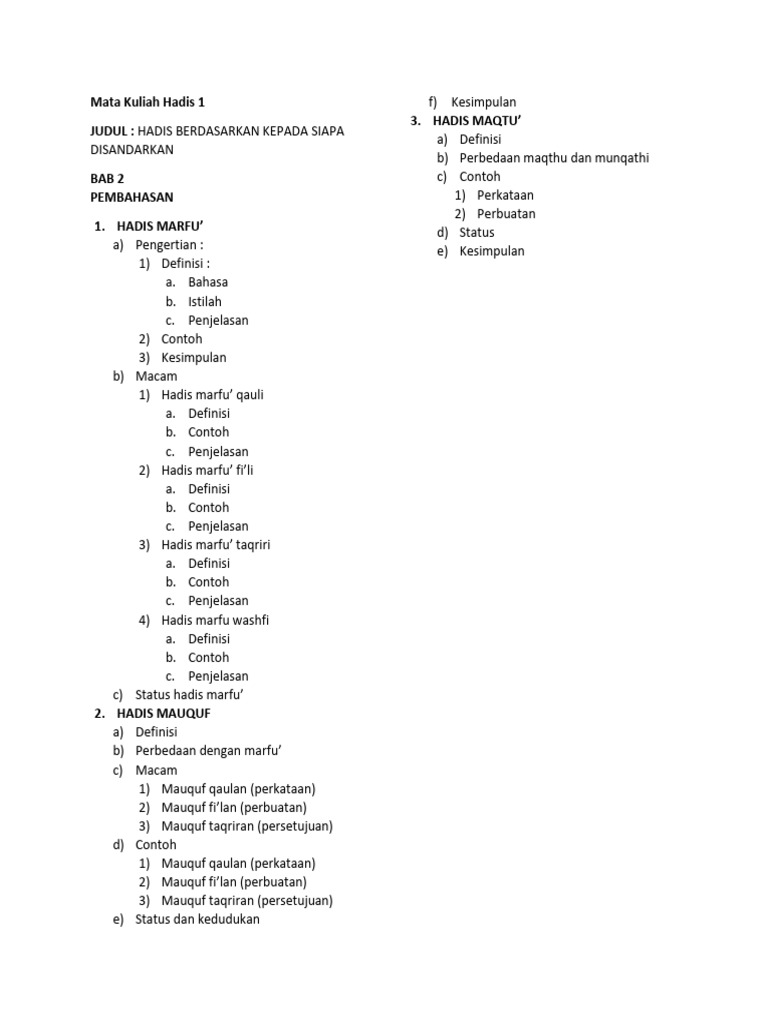 Mind Map Hadis: Marfu', Mauquf, Maqtū' | PDF