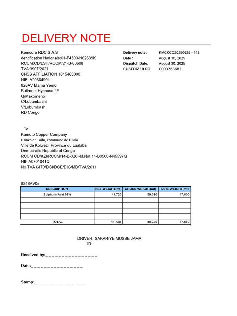 Delivery Note for Sulphuric Acid Shipment | PDF