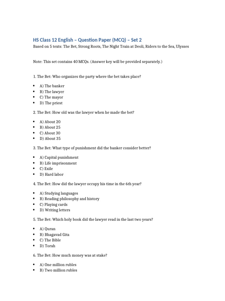 Class 12 English MCQ Question Paper | PDF