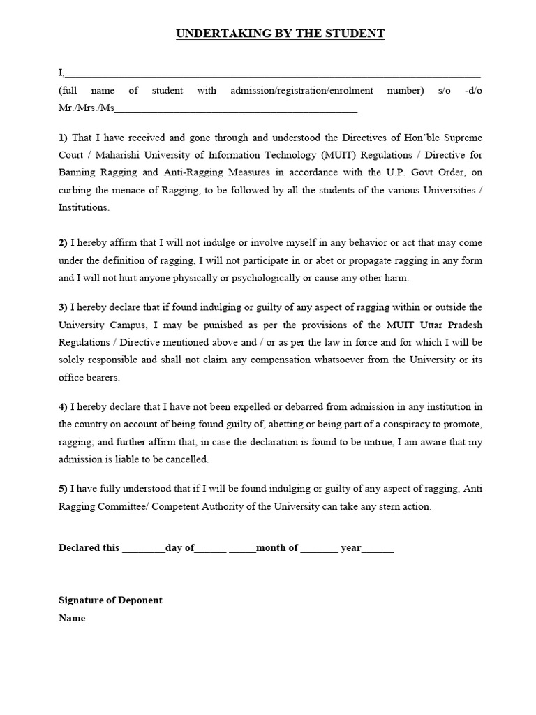 Student Anti-Ragging Undertaking Form | PDF
