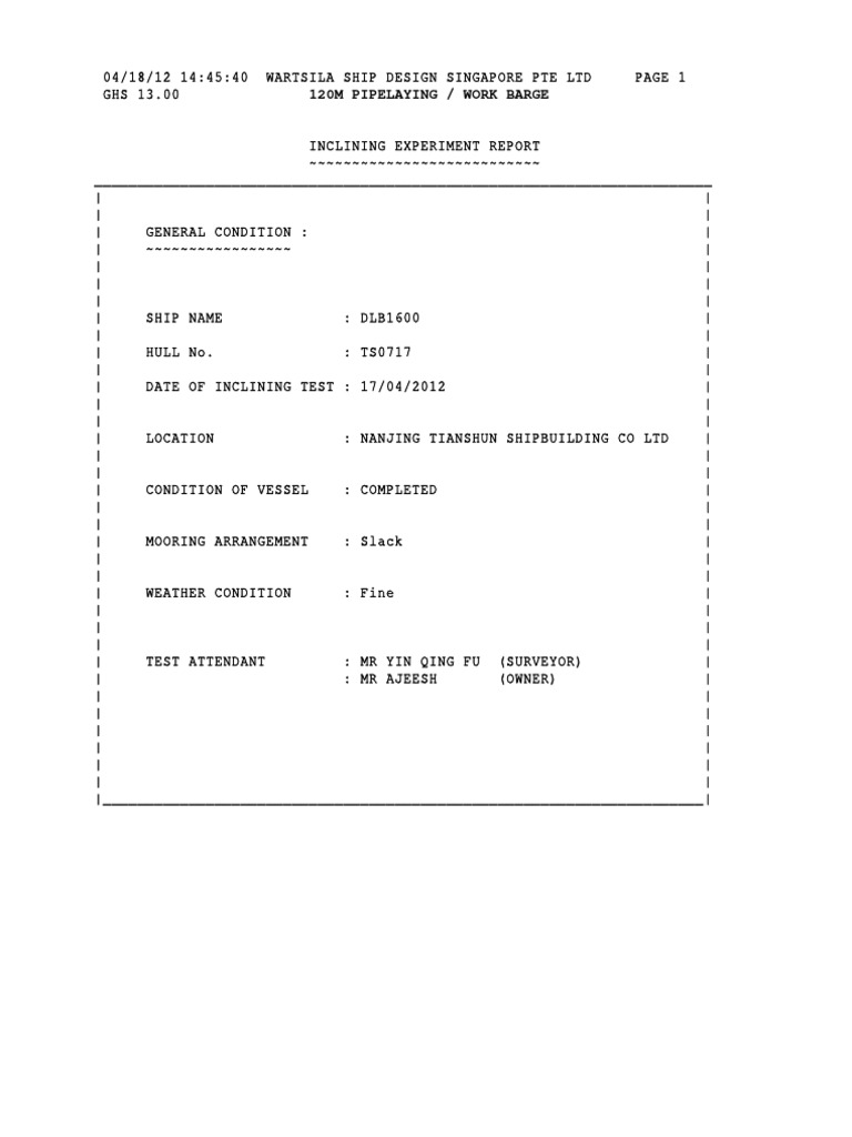 Inclining Experiment Report for DLB1600 | PDF | Naval Architecture ...