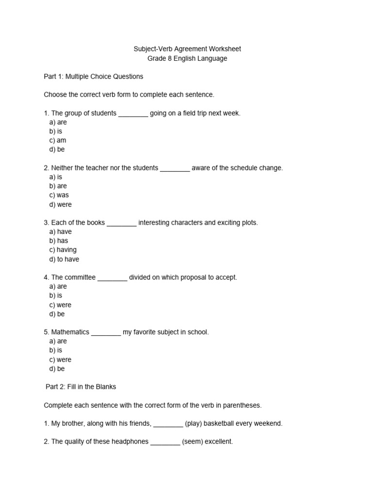 2025 - Subject-Verb Agreement Worksheet | PDF