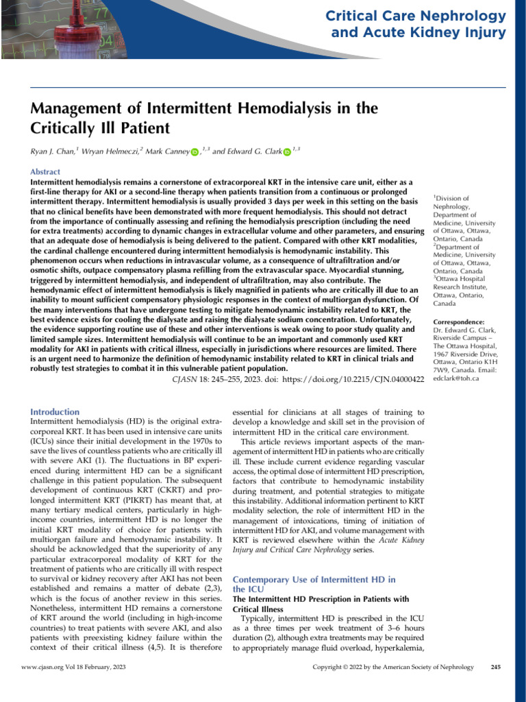 Intermittent Hemodialysis in Critical Care | PDF | Hemodialysis ...
