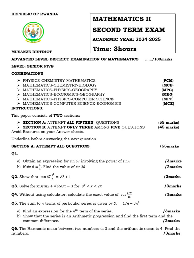 2025 Senior Five Mathematics Exam Pdf Qualifications Educational