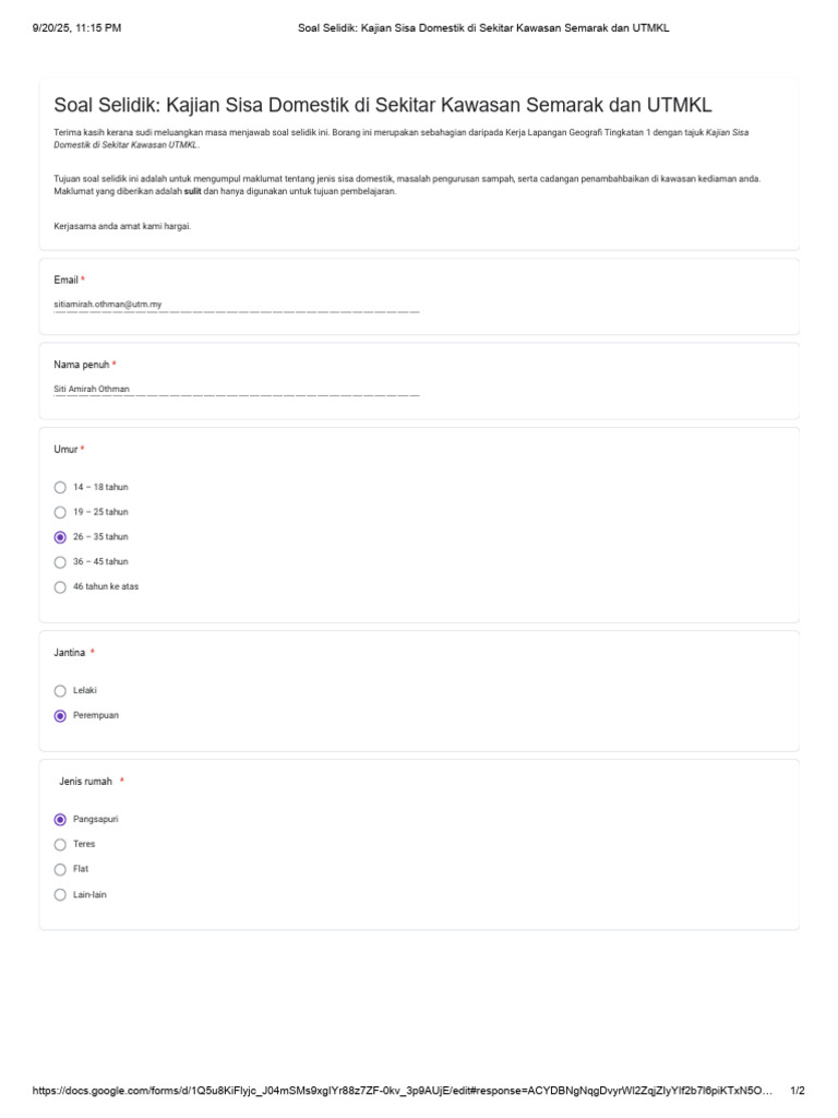 Soal Selidik - Kajian Sisa Domestik Di Sekitar Kawasan UTMKL. - Google ...