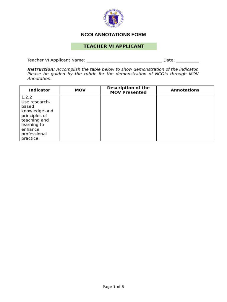 FINAL T6 NCOI Annotations Form For Teacher VI Applicant | PDF | Learning | Cognitive Science