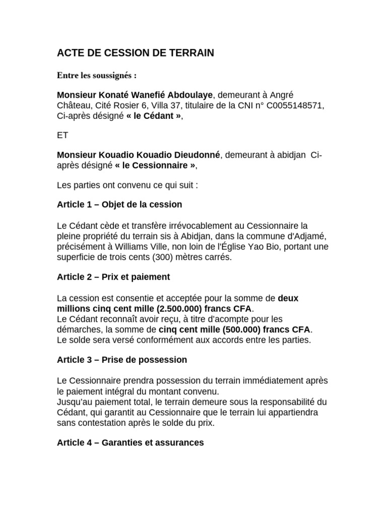 Acte De Cession De Terrain Abidjan PDF