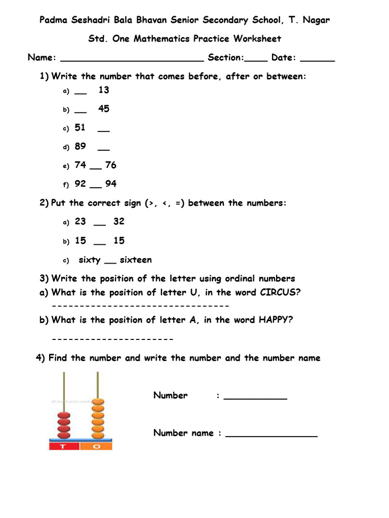 Std1-Math Practice Worksheet September 2025 | PDF