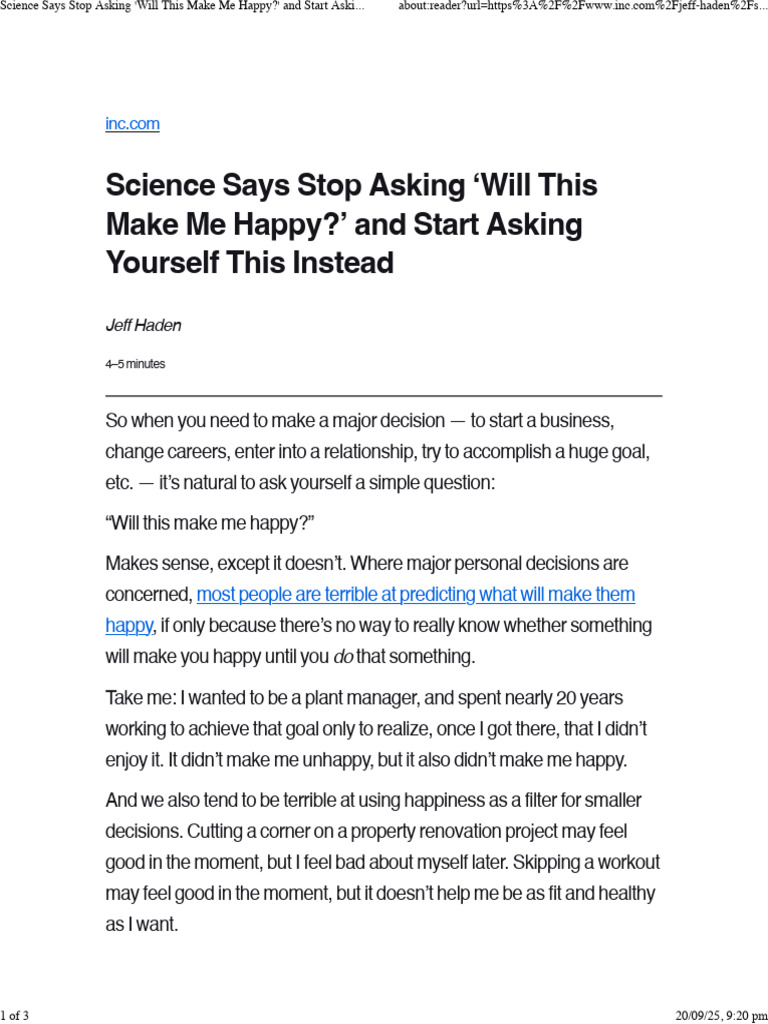 Science Says Stop Asking 'Will This Make Me Happy - ' and Start Asking ...