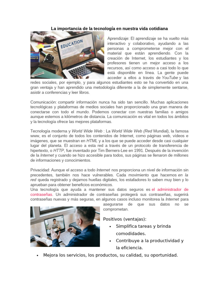 La Importancia de La Tecnología en Nuestra Vida Cotidiana | PDF | Red ...