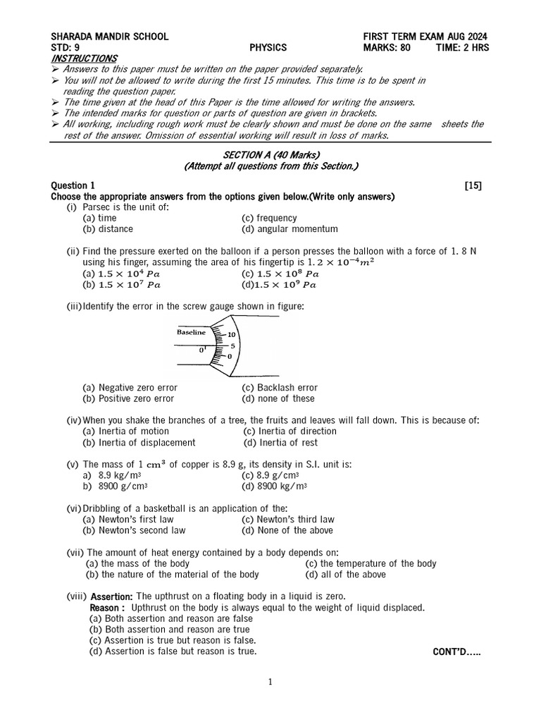 STD 9 Physics QP T1 2024 | PDF | Buoyancy | Weight