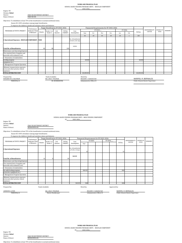 SBFP Work and Financial Plan 2025 2026 | PDF