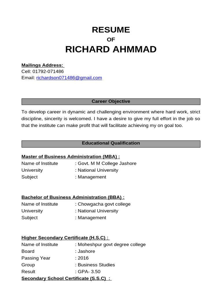 Richard Ahmmad's Resume Summary | PDF