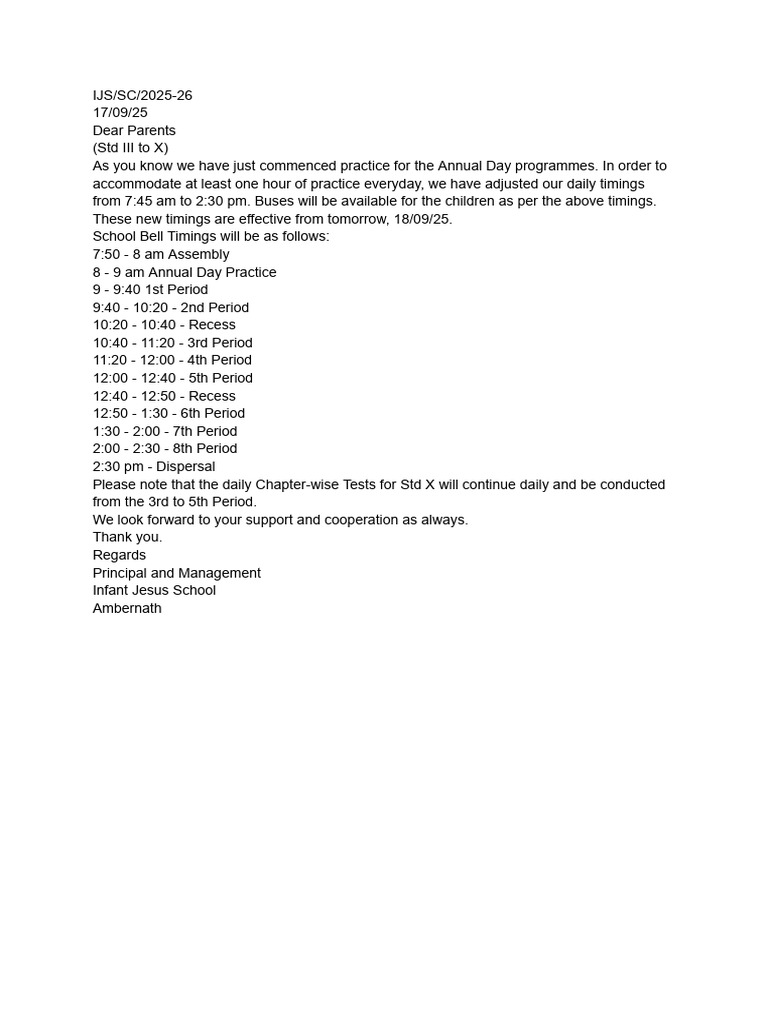 Adjusted School Timings for Tomorrow | PDF