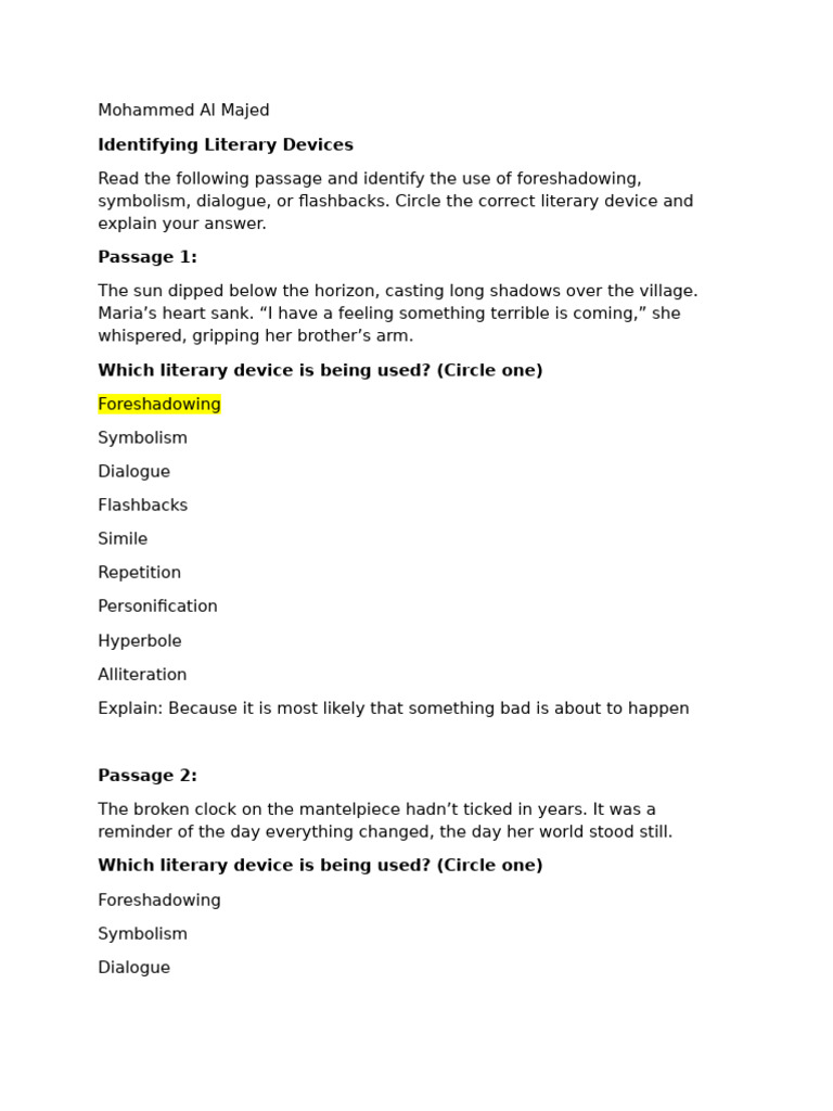 Literary Devices Worksheet | PDF