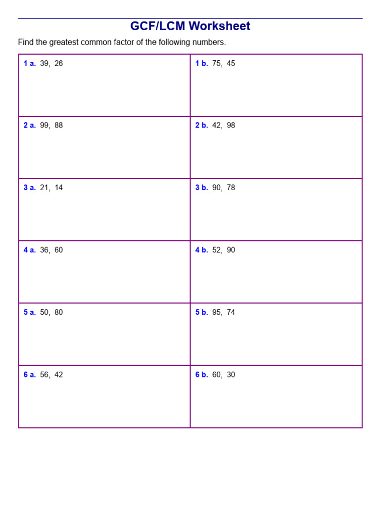 GCF - LCM Worksheet 1 | PDF