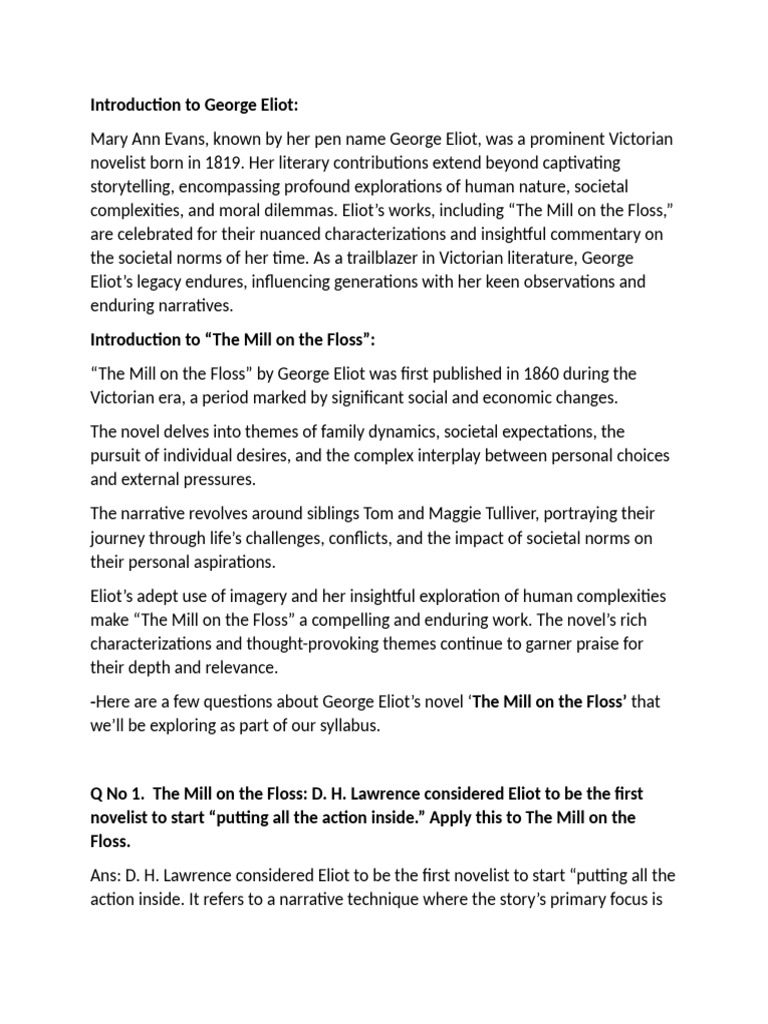 WEEK 10 11 AND 12 George Eliot's Novel The Mill On The Floss | PDF ...