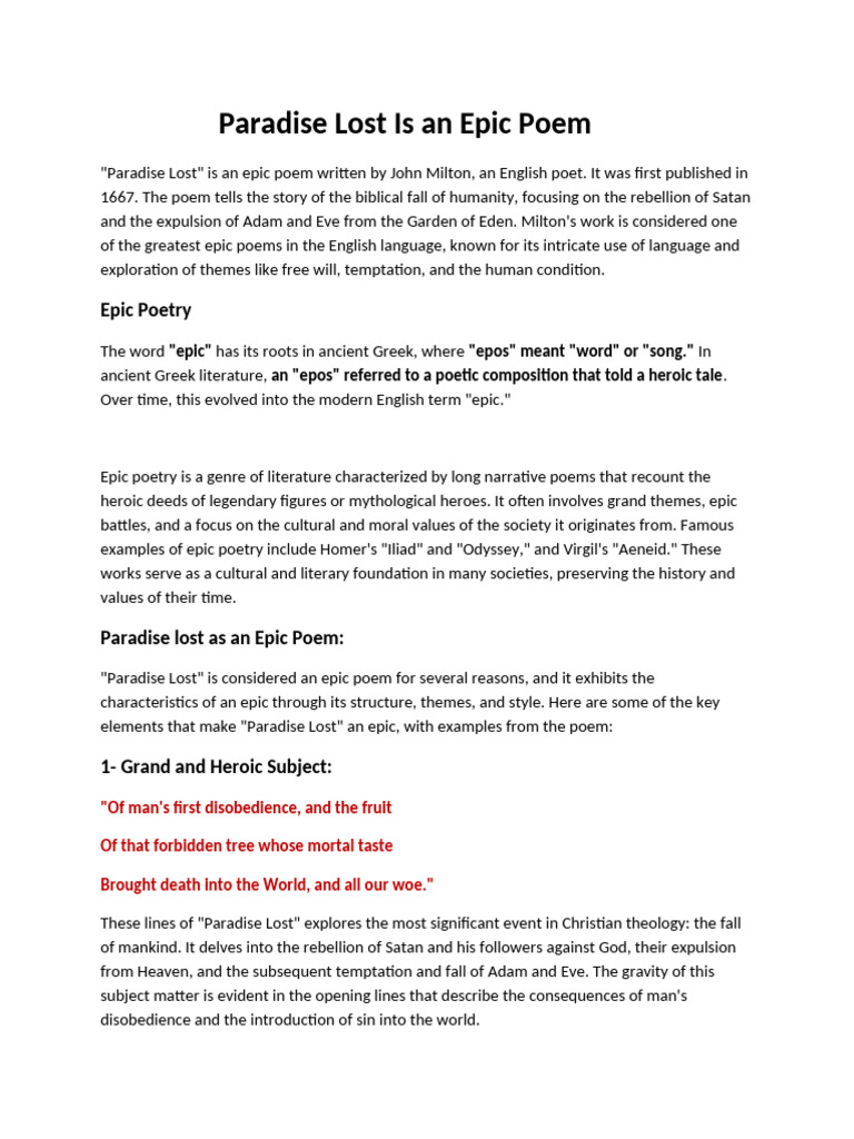Week 8 Paradise Lost Is An Epic Poem-1 | PDF | Paradise Lost | Epic Poetry