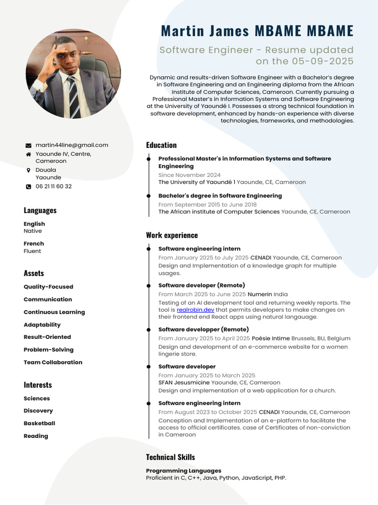 Martin James MBAME: Software Engineer Resume | PDF | Sql | Databases