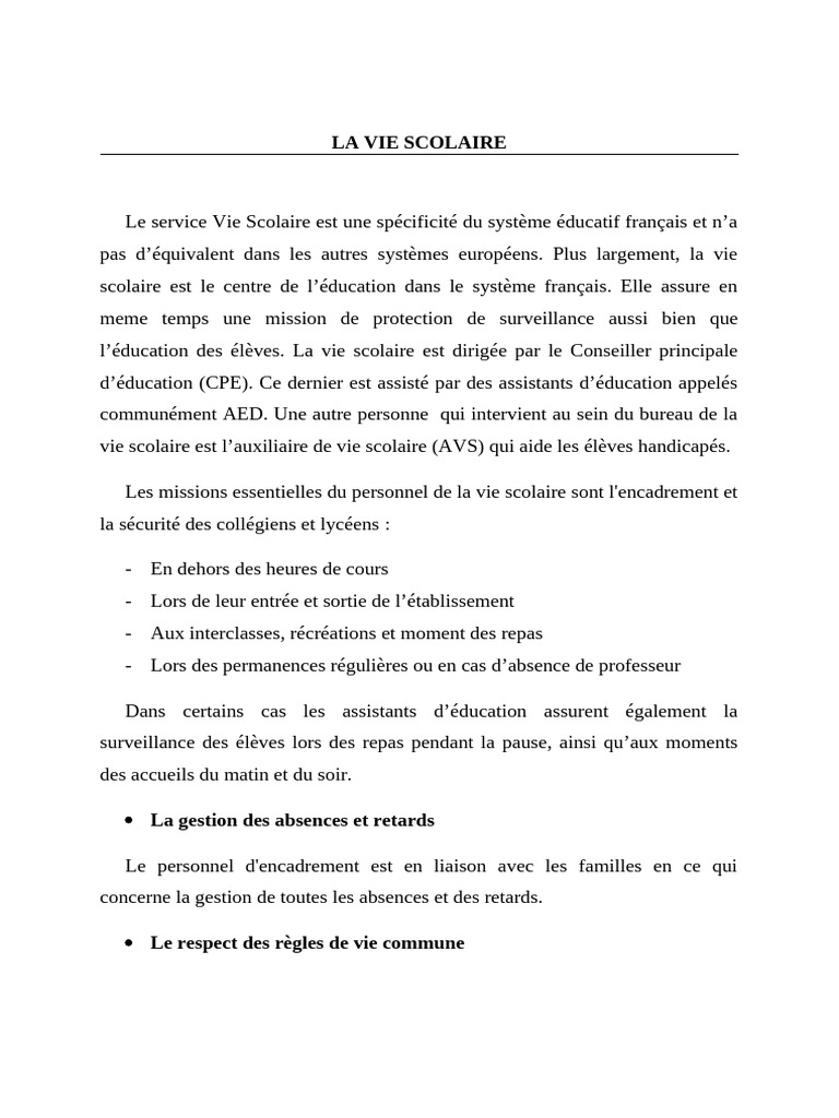 Rôle de la Vie Scolaire en France | PDF