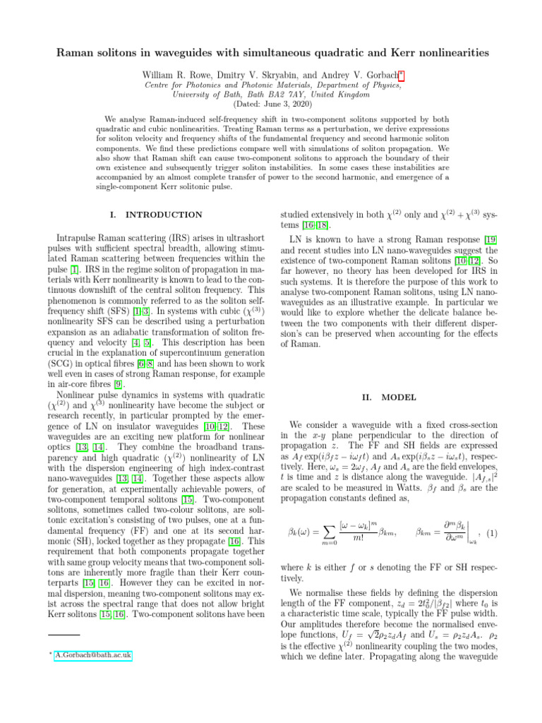 Raman Solitons in Waveguides With Simultaneous Quadratic and Kerr Nonlinearities | PDF ...