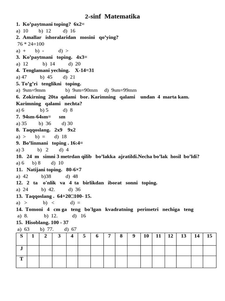 2-sinf Matematika Test Savollari | PDF