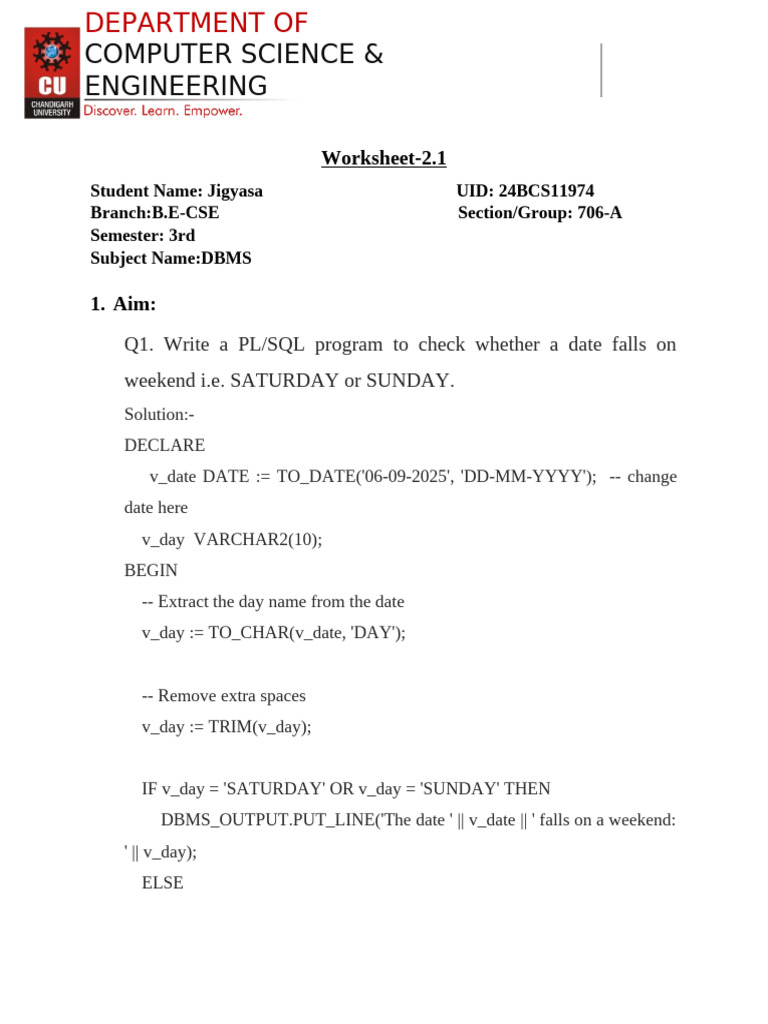 Worksheet 2.1 (DBMS) - 24BCS11974 | PDF | Fahrenheit | Computer Programming