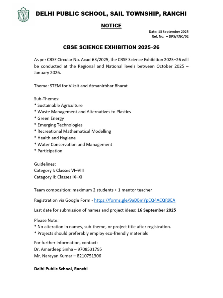 CBSE Science Exhibition 2025-26 Notice | PDF