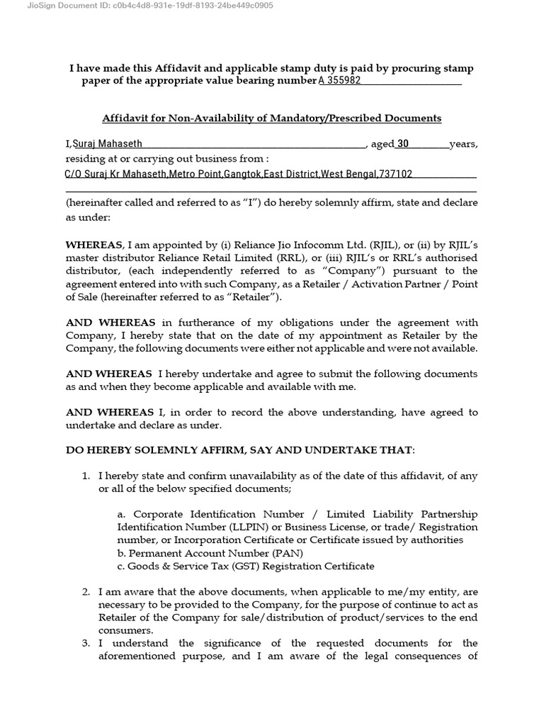 PoS Affidavit For Non Availability of Documents - 9 Oct | PDF ...