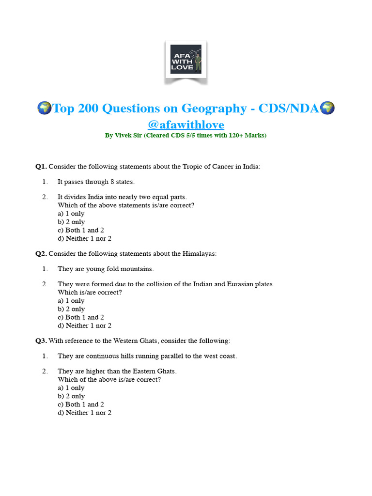 Top 200 Geography Questions for CDS/NDA | PDF | Temperate Climate | Monsoon