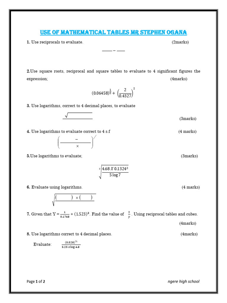 Use of Mathematical Tables | PDF | Square Root | Logarithm
