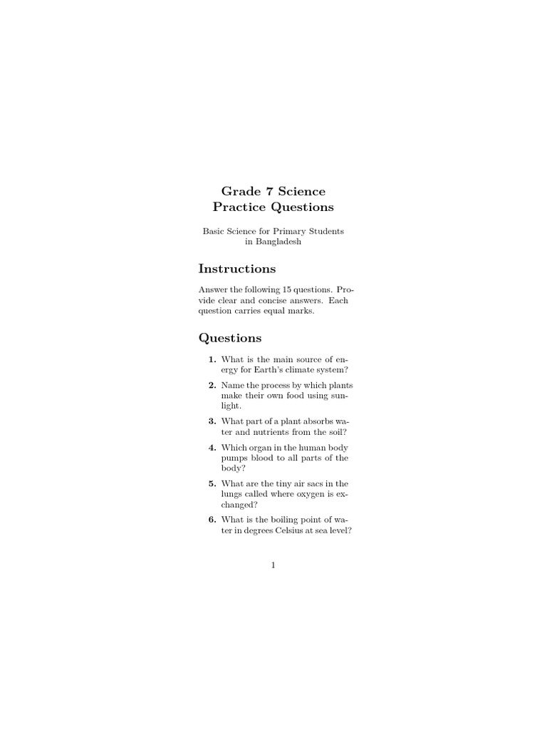 Grade 7 Science Practice Questions | PDF