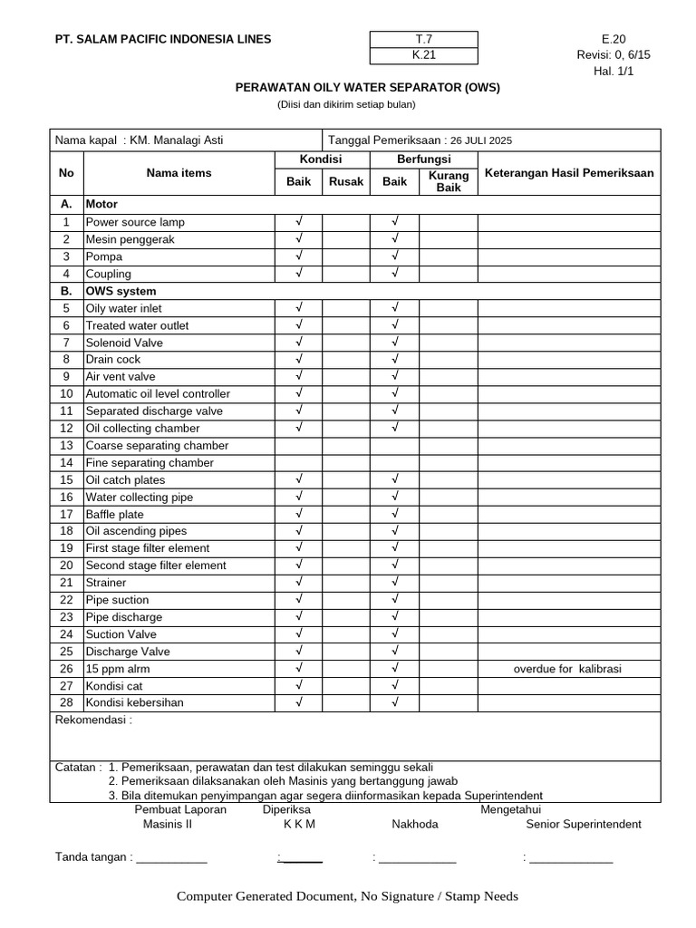 CFCF 20. E.20 Perawatan Oily Water Separator (OWS) | PDF