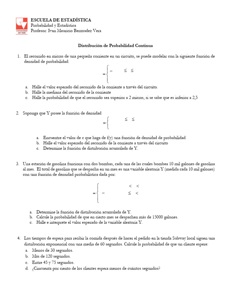 4. Ejercicios Complementarios 4 - Distribuciones de Probabilidad Continuas | PDF | Función de ...