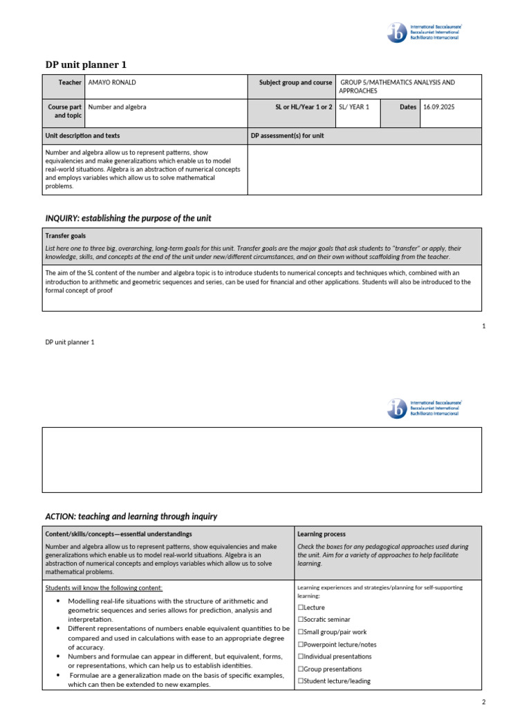 Math Sample Unit Plan AA | PDF | Algebra | Mathematics