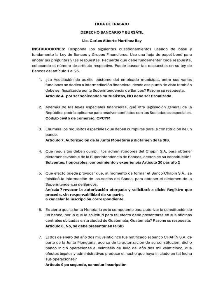 HOJA DE TRABAJO Derecho Bancario | PDF | Bancos