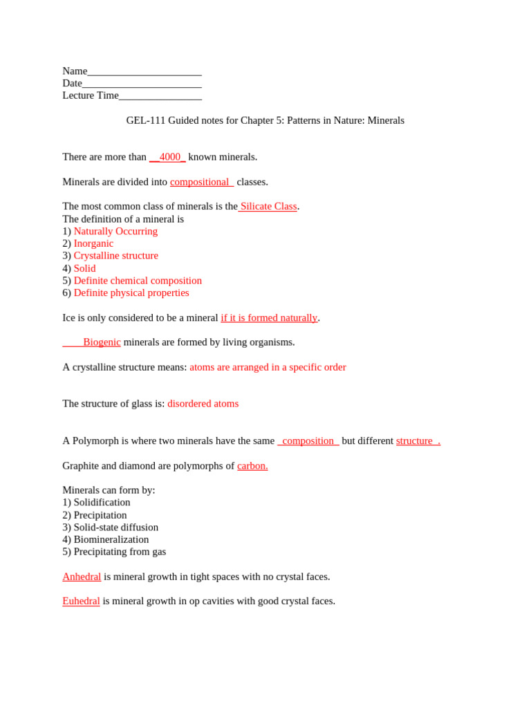 GEL 111 Guided Notes For Chapter 5 Patterns in Nature Minerals | PDF