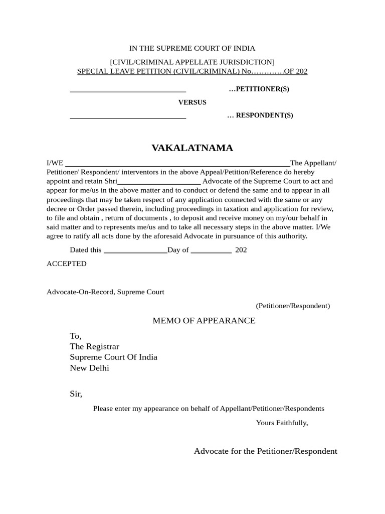 VAKALATNAMA Supreme Court of India | PDF
