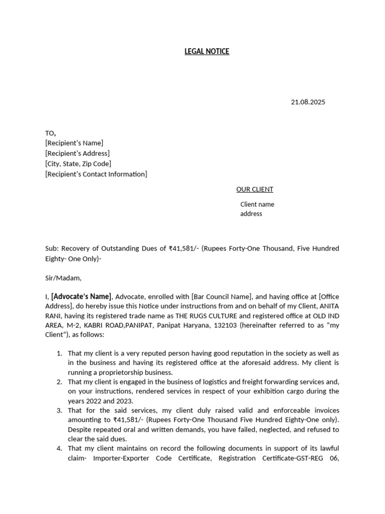 Legal Notice Rugs Draft | PDF | Breach Of Contract | Legal Liability