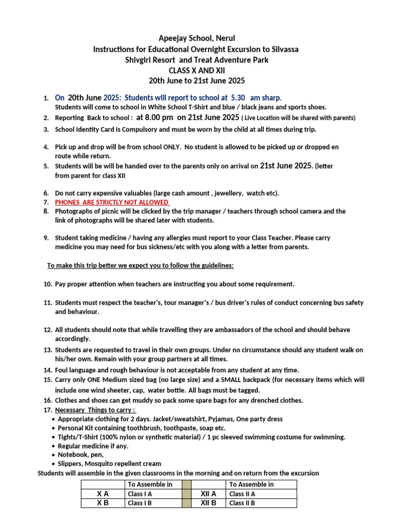 Overnight Excursion Instructions For Class X and XII - Silvassa | PDF ...