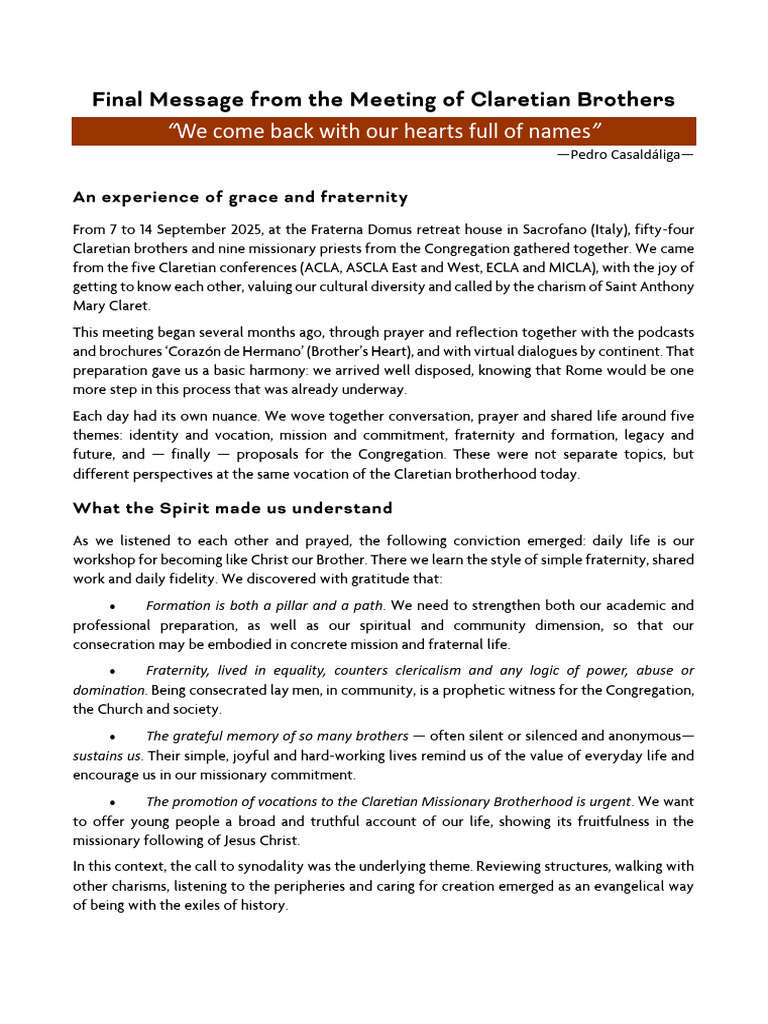 ENG - Final Message From The Encounter of Claretian Brothers | PDF ...