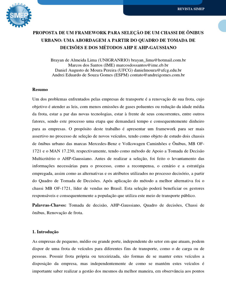Framework para Seleção de Chassi de Ônibus | PDF | Tomada de decisões ...