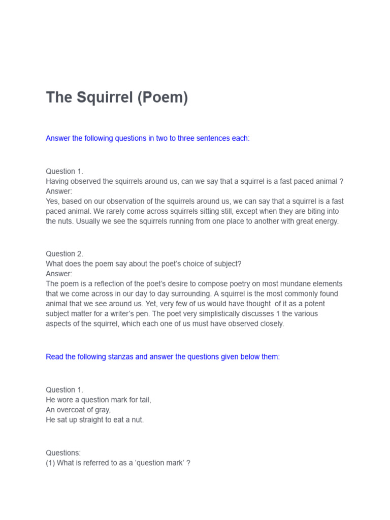 The Squirrel Poem Question Answer | PDF