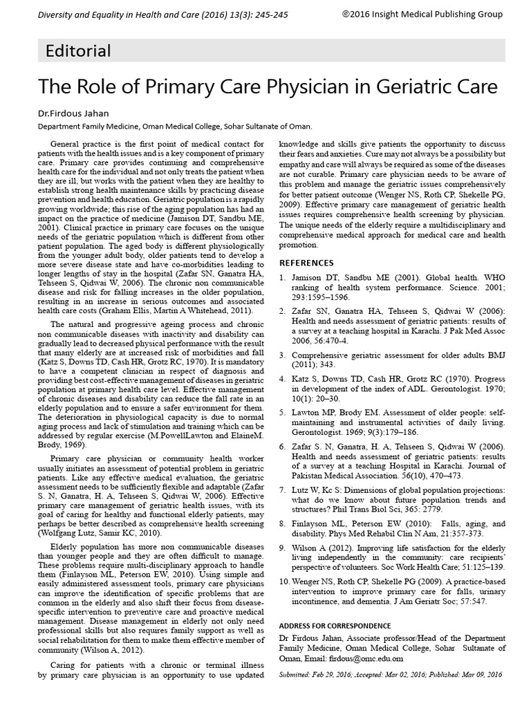The Role of Primary Care Physician in Geriatric Care | PDF | Geriatrics ...