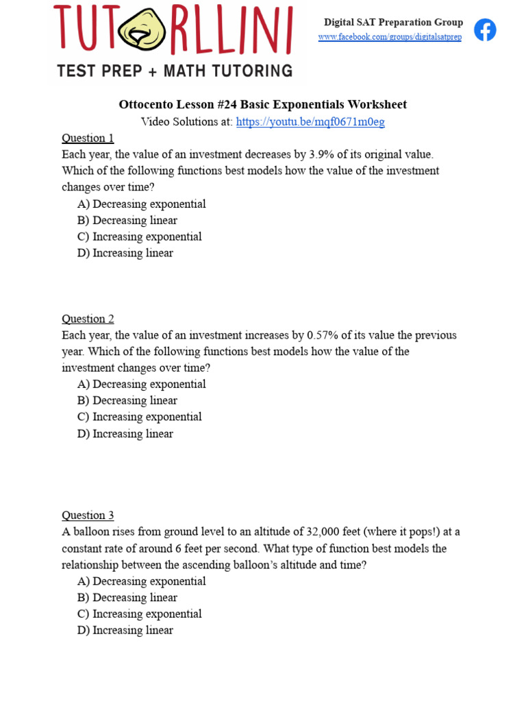 Digital SAT Exponential Functions Quiz | PDF | Exponential Function ...
