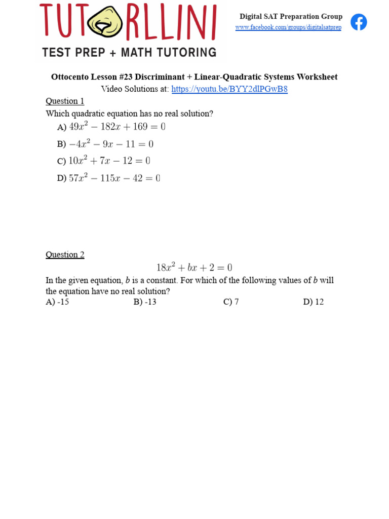 Ottocento #23 Discriminant + Linear-Quadratic Systems Worksheet | PDF ...
