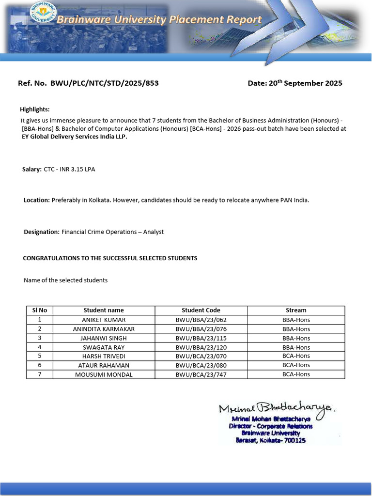 Brainware University Placement News of EY Global Delivery Services ...