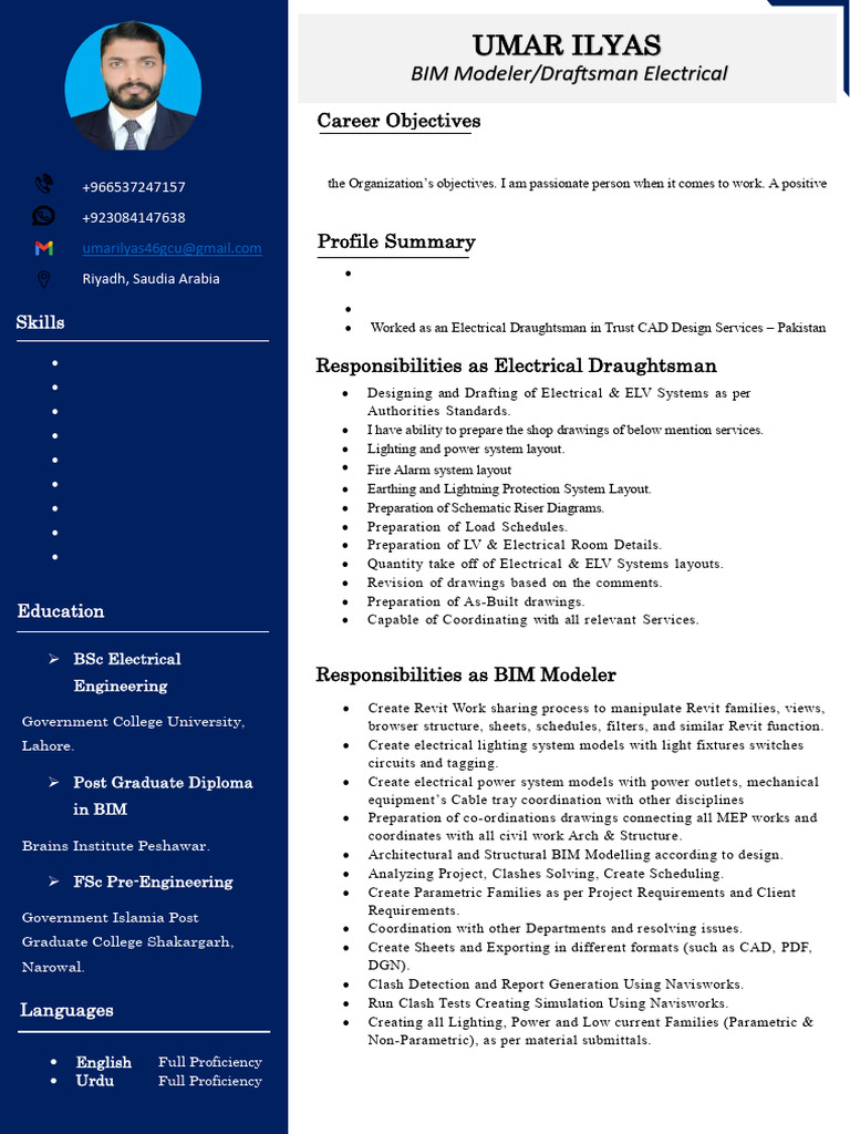 Ilyas Umar: Electrical BIM Modeler Resume | PDF | Technical Drawing ...