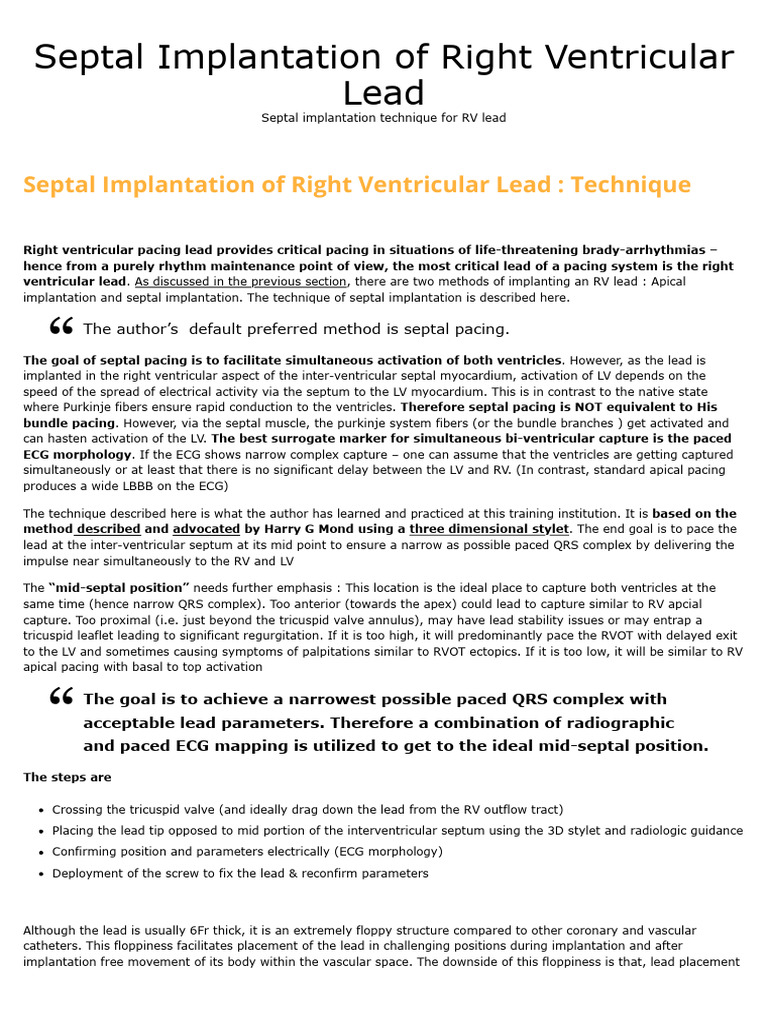 Septal Implantation of Right Ventricular Lead - How To Pace | PDF ...
