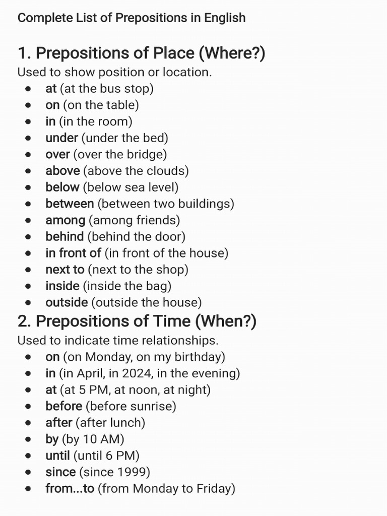 Complete List of Prepositions in English | PDF